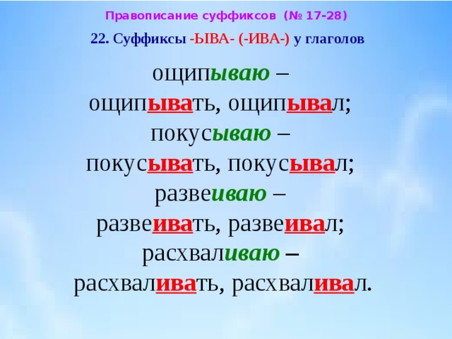 Презентация Различение суффиксов -ОВА- (-ЕВА-) и-ЫВА- (-ИВА-) у глаголов