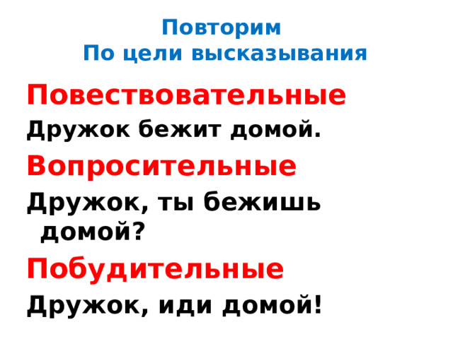 Презентация "Виды предложений по интонации" к уроку русского языка 1 класс