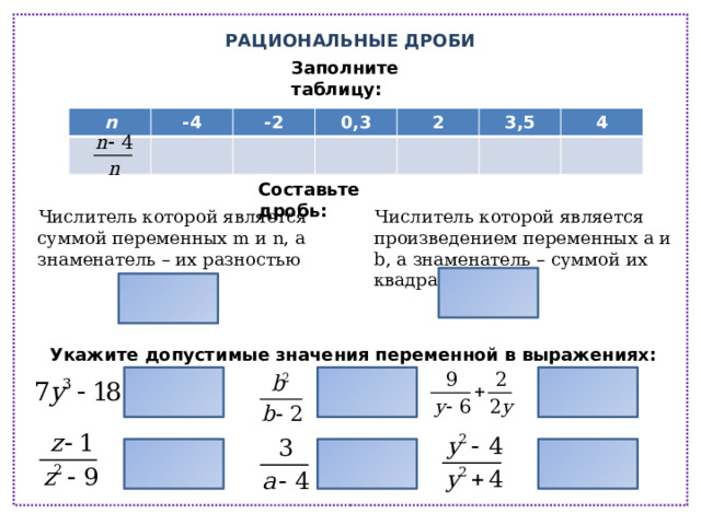 Рабочий лист для 8 класса по теме Рациональные дроби